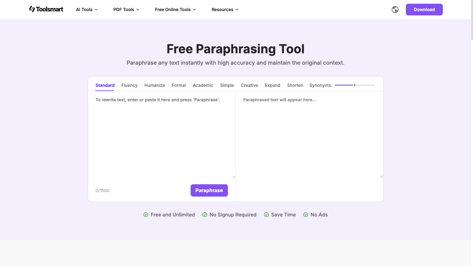Toolsmart - Paraphrasing AI tool